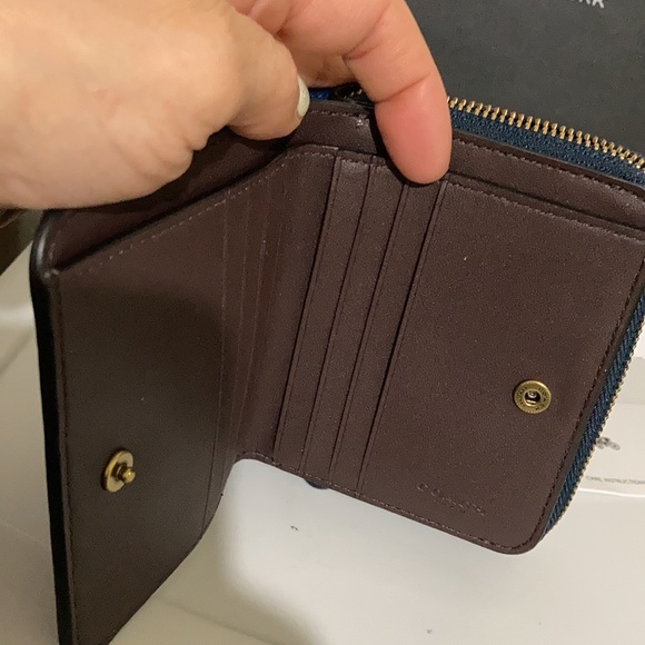 Coach | Bags | Coach Polished Leather Billfold Wallet Deep Blue Pebble ...